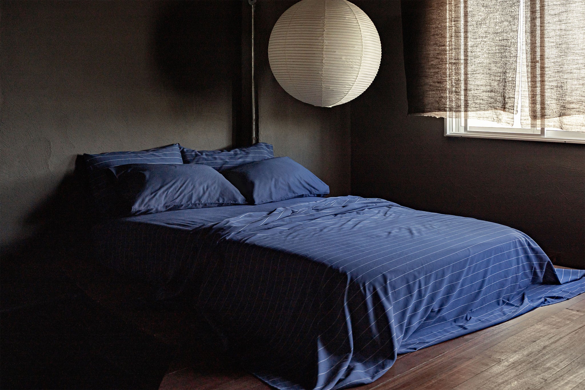 Classic Navy Pinstripes Flat Sheet | Organic Cotton Bedsheets | SOJAO