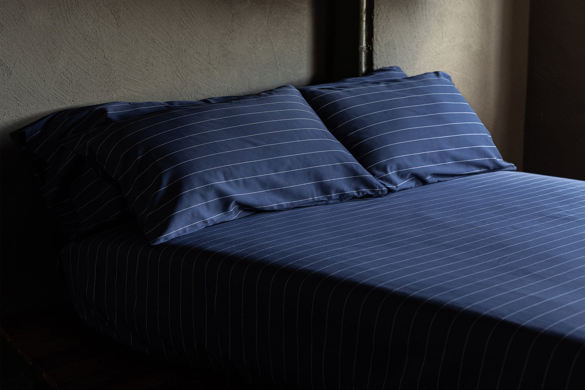 Classic Navy Pinstripes Fitted Sheet | Organic Cotton Bedsheets | SOJAO